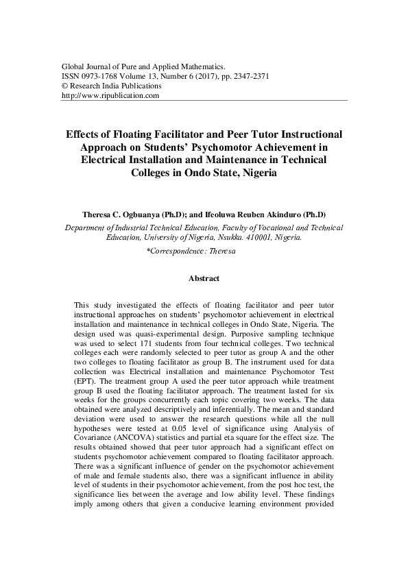 (PDF) Effects of Floating Facilitator and Peer Tutor Instructional ...