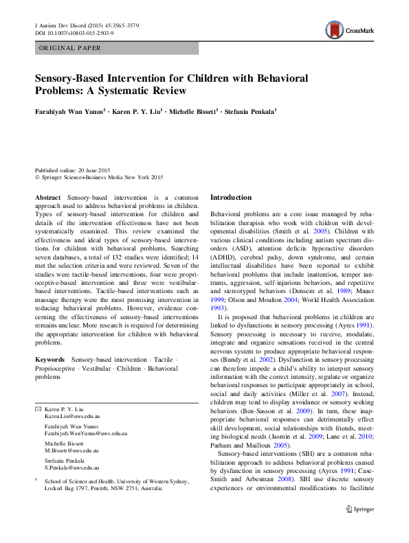(PDF) Sensory-Based Intervention for Children with Behavioral Problems: A Systematic Review