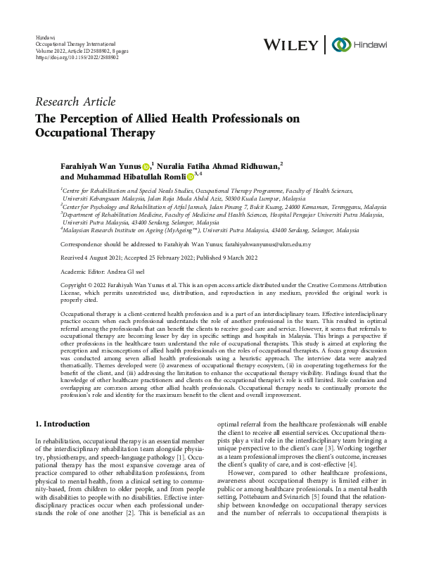 (PDF) The Perception of Allied Health Professionals on Occupational Therapy