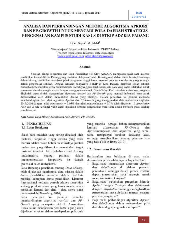 (PDF) Analisa Dan Perbandingan Metode Algoritma Apriori Dan FP-Growth Untuk Mencari Pola Daerah ...