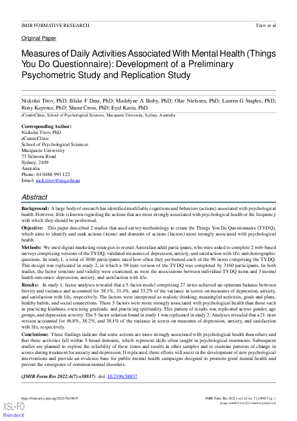 (PDF) Measures of Daily Activities Associated With Mental Health ...