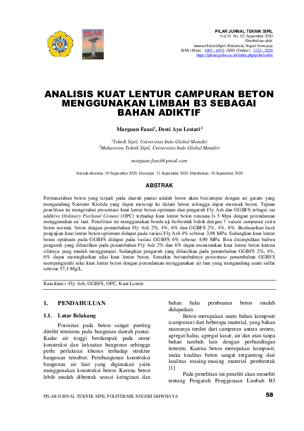 (PDF) Analisis Kuat Lentur Campuran Beton Menggunakan Limbah B3 Sebagai Bahan Adiktif (58-63)