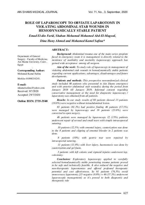 (PDF) Role of Laparoscopy to Obviate Laparotomy in Violating Abdominal ...