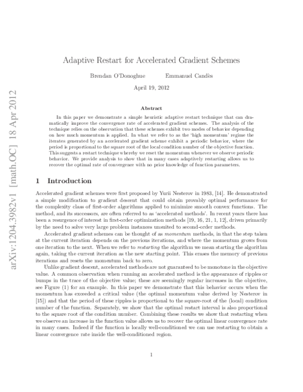 (PDF) Adaptive Restart for Accelerated Gradient Schemes
