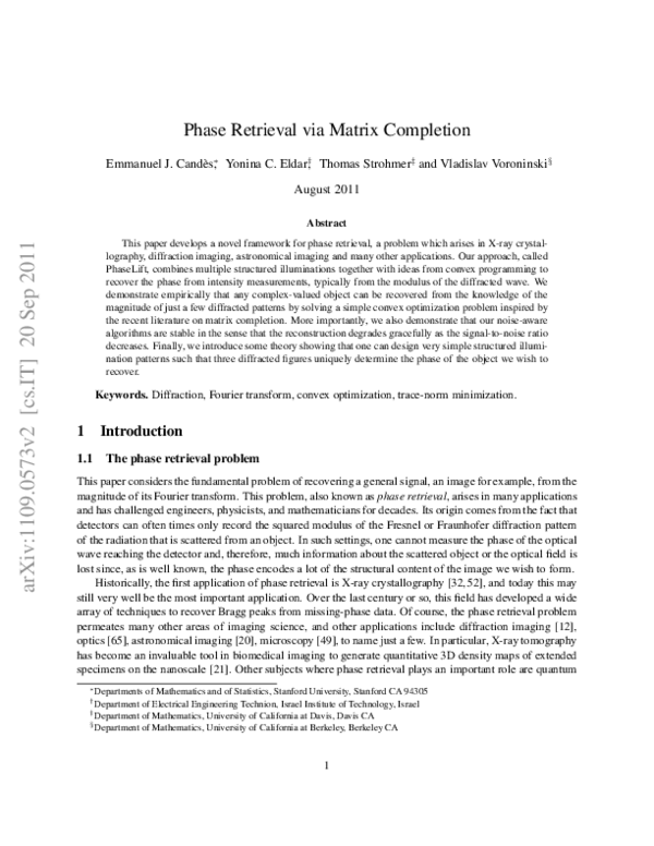 (PDF) Phase Retrieval via Matrix Completion
