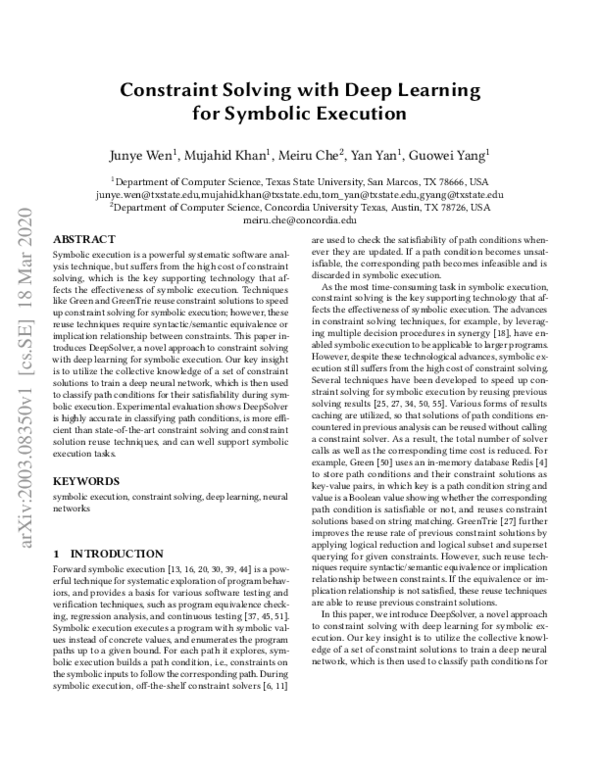 Pdf Constraint Solving With Deep Learning For Symbolic Execution Guowei Yang