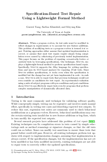 (PDF) Specification-Based Test Repair Using a Lightweight Formal Method