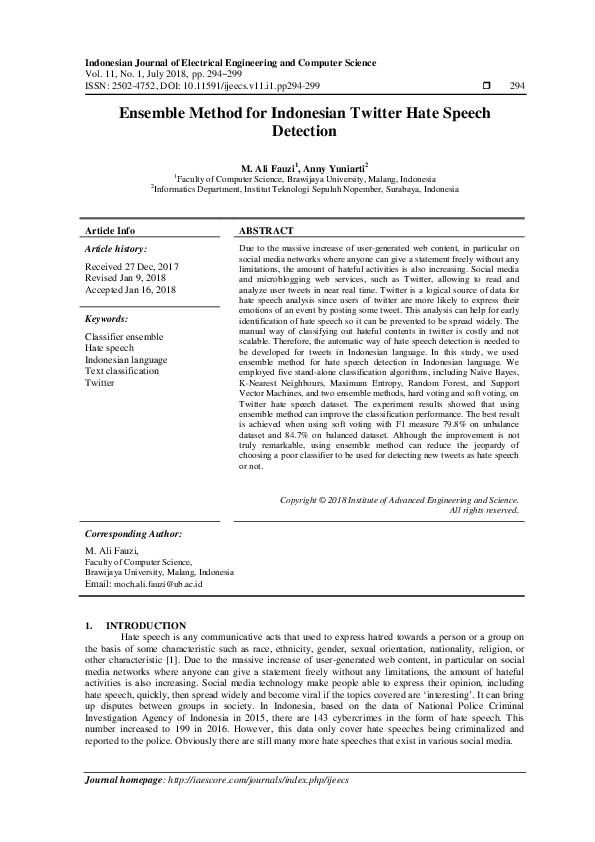 Pdf Ensemble Method For Indonesian Twitter Hate Speech Detection