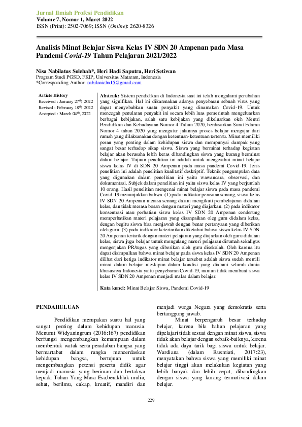 (PDF) Analisis Minat Belajar Siswa Kelas IV SDN 20 Ampenan pada Masa Pandemi Covid-19 Tahun ...