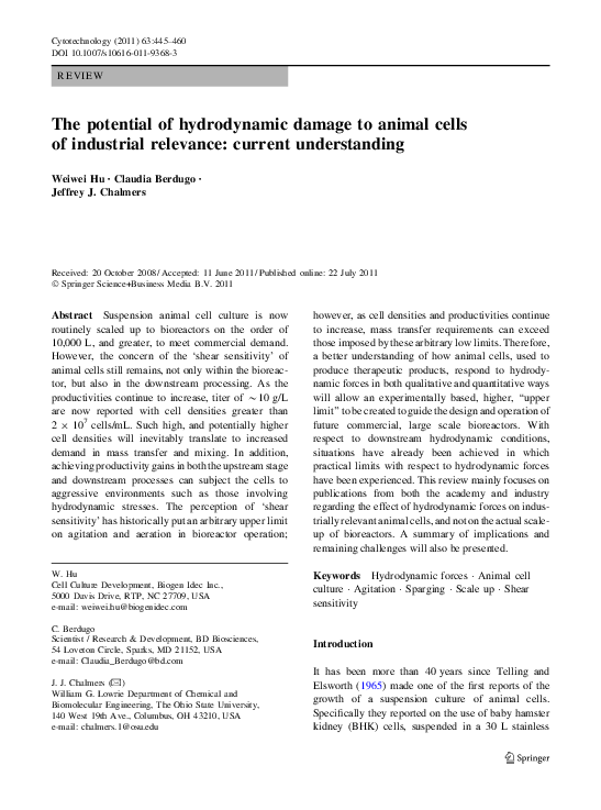 (PDF) The potential of hydrodynamic damage to animal cells of ...