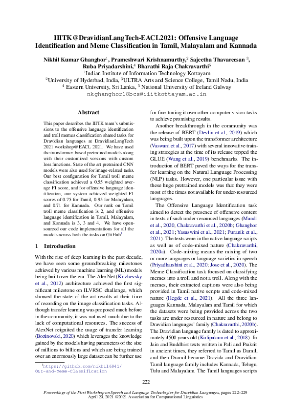 (PDF) IIITK@DravidianLangTech-EACL2021: Offensive Language Identification and Meme ...