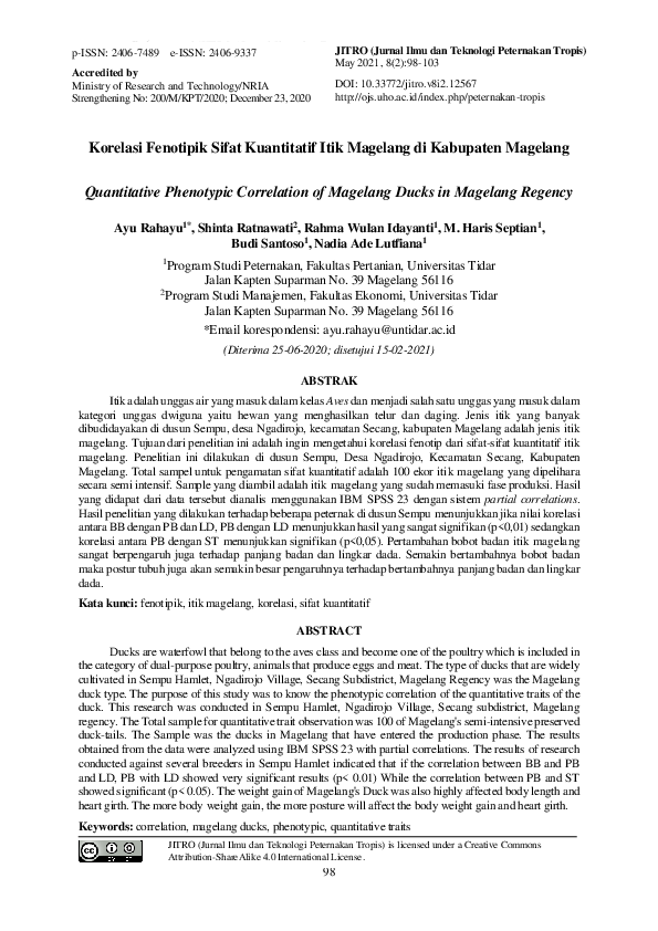(PDF) Korelasi Fenotipik Sifat Kuantitatif Itik Magelang di Kabupaten ...