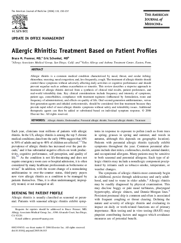 (PDF) Allergic Rhinitis: Treatment Based on Patient Profiles