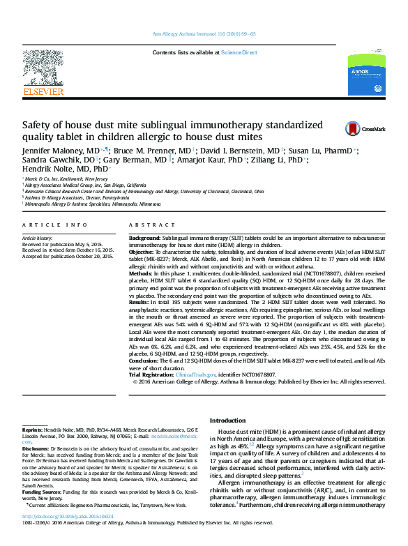 (PDF) Safety of house dust mite sublingual immunotherapy standardized ...
