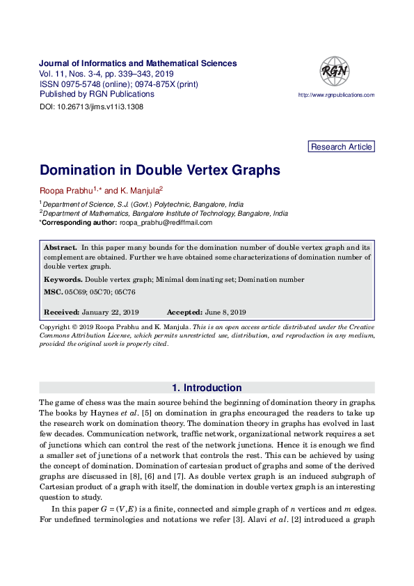 (PDF) Domination in Double Vertex Graphs | roopa prabhu - Academia.edu
