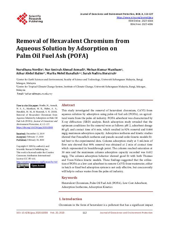 Pdf Removal Of Hexavalent Chromium From Aqueous Solution By