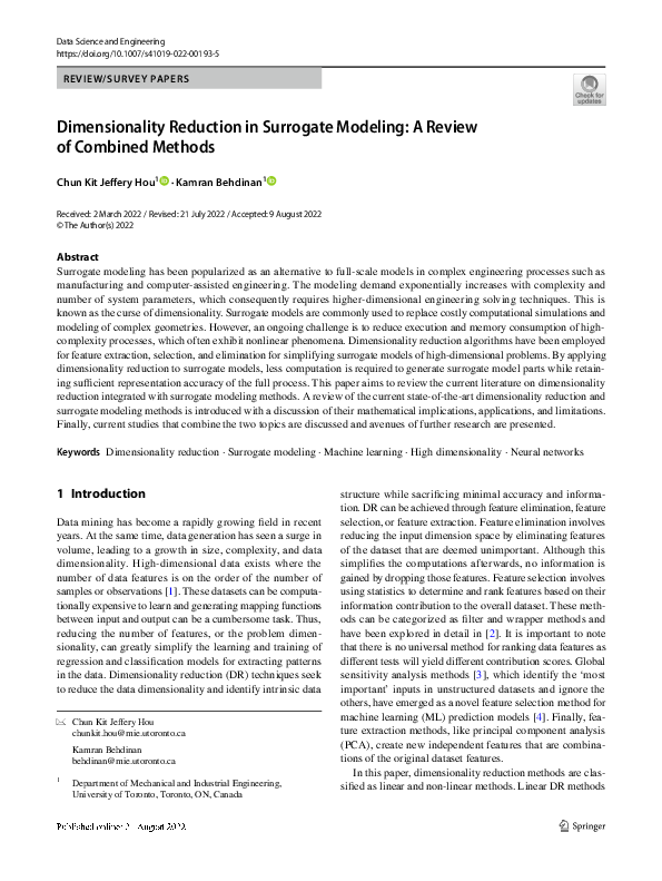 (PDF) Dimensionality Reduction in Surrogate Modeling: A Review of Combined Methods