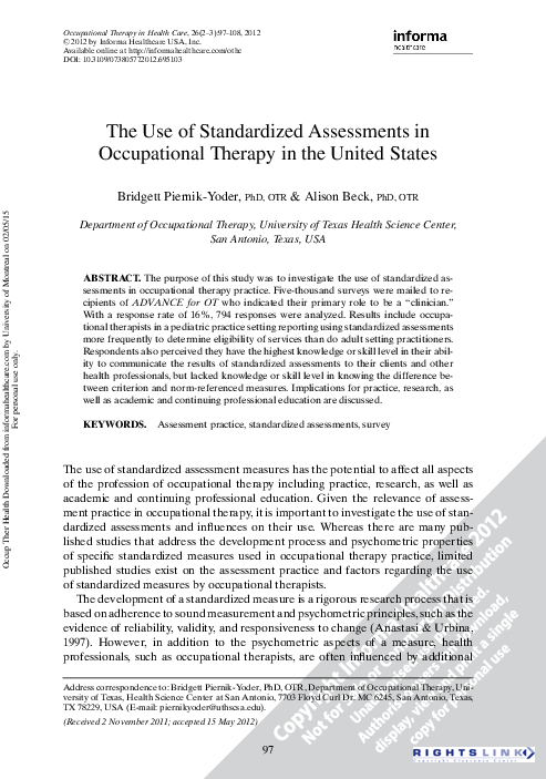 (PDF) The Use of Standardized Assessments in Occupational Therapy in ...