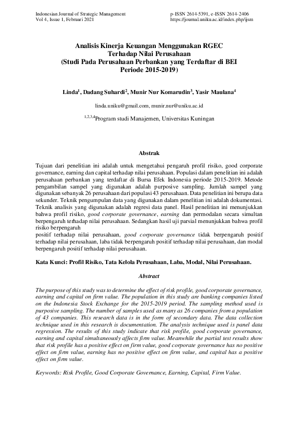 (PDF) Analisis Kinerja Keuangan Menggunakan RGEC Terhadap Nilai ...