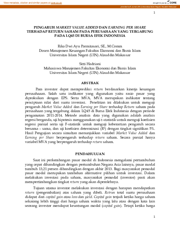 (PDF) Pengaruh Market Value Added Dan Earning Per Share Terhadap Return ...