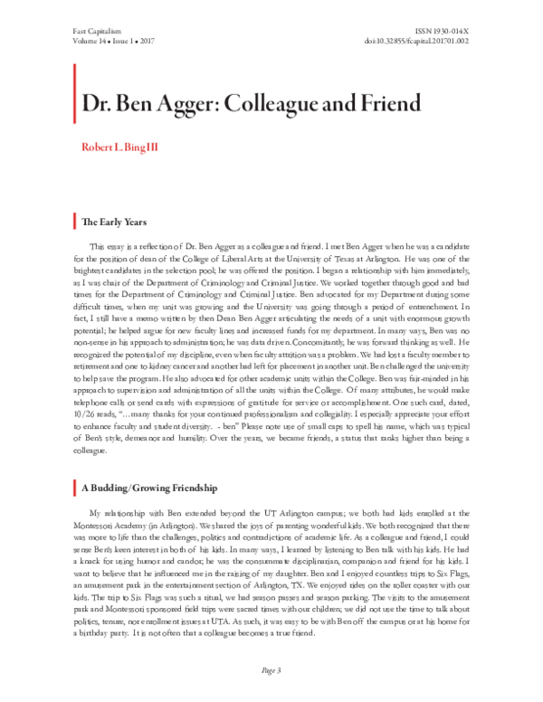 (PDF) Dr. Ben Agger: Colleague and Friend