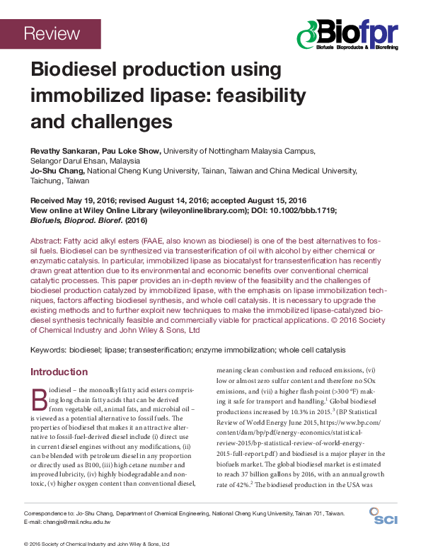 (PDF) Biodiesel production using immobilized lipase: feasibility and ...
