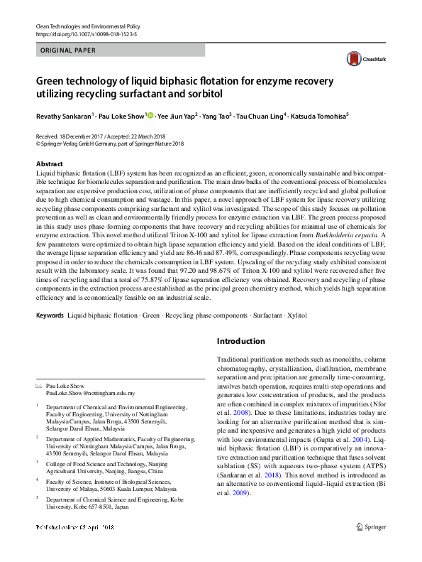 (PDF) Green technology of liquid biphasic flotation for enzyme recovery ...