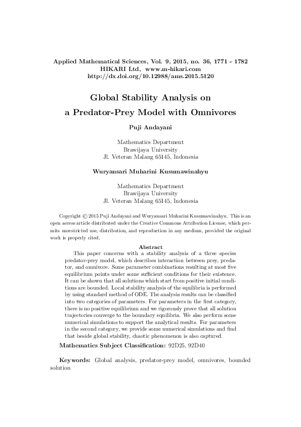 (PDF) Global stability analysis on a predator-prey model with omnivores