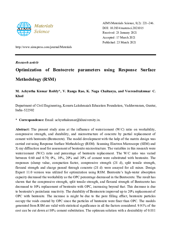 (PDF) Optimization of Bentocrete parameters using Response Surface Methodology (RSM)