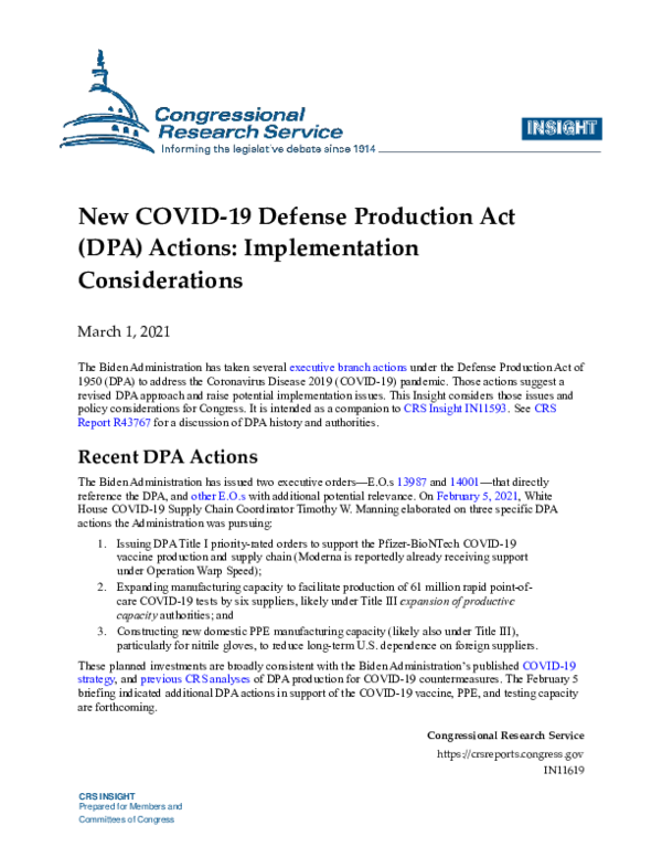 (PDF) New COVID-19 Defense Production Act (DPA) Actions: Implementation ...