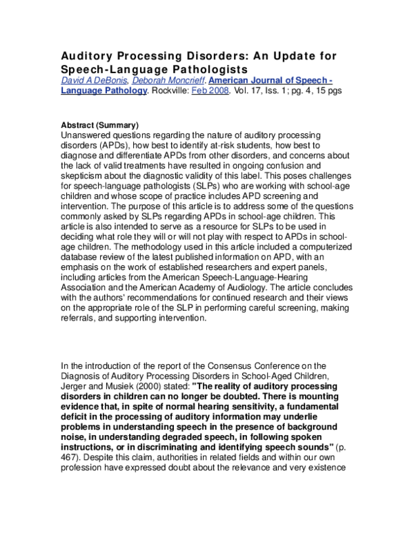 (PDF) Auditory Processing Disorders: An Update for Speech-Language Pathologists