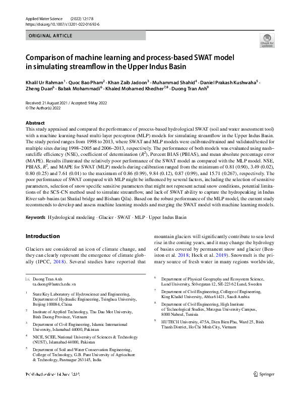 Pdf Comparison Of Machine Learning And Process Based Swat Model In