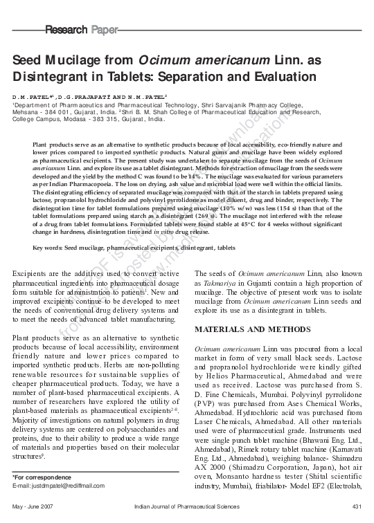 (PDF) Seed mucilage from Ocimum americanum linn. as disintegrant in ...