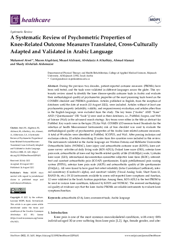 (PDF) A Systematic Review of Psychometric Properties of Knee-Related Outcome Measures Translated ...