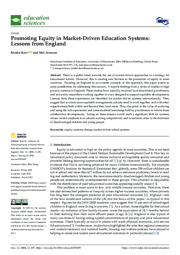 (PDF) Promoting Equity in Market-Driven Education Systems: Lessons from England