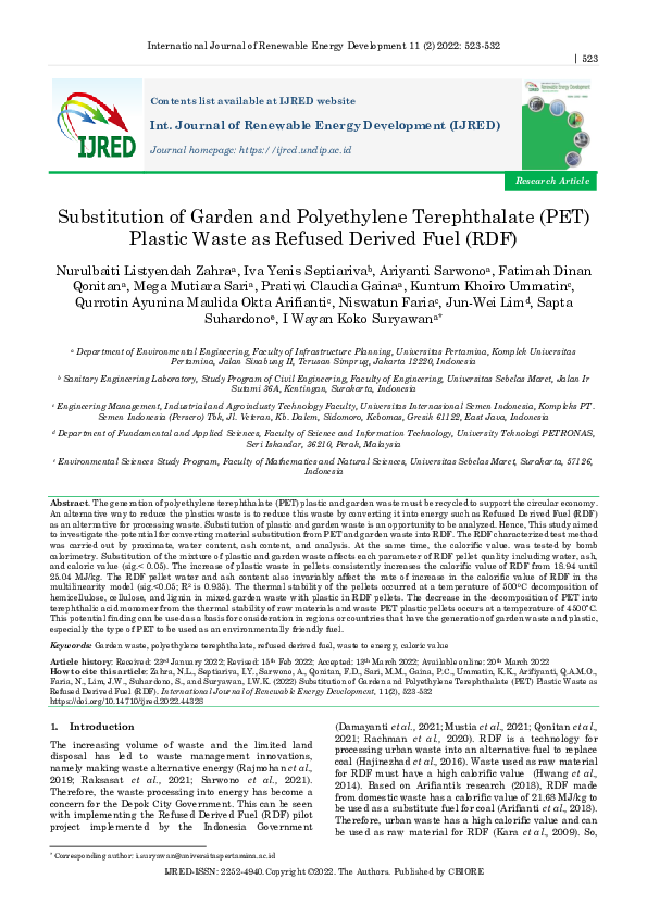 (PDF) Substitution Garden and Polyethylene Terephthalate (PET) Plastic Waste as Refused Derived ...