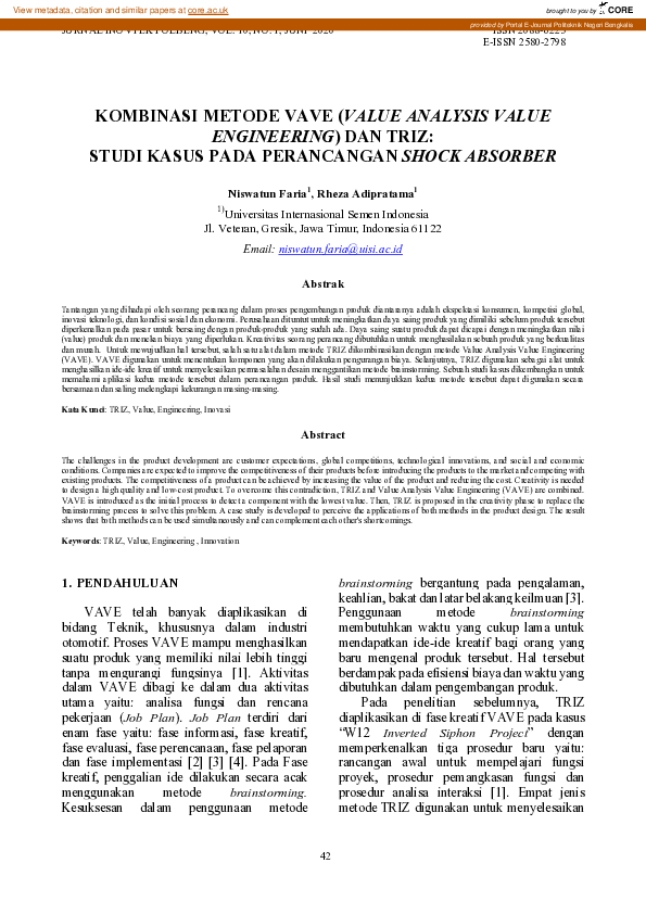 (PDF) Kombinasi Metode Vave (Value Analysis Value Engineering) Dan Triz: Studi Kasus Pada ...