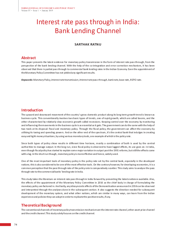(PDF) Interest rate pass through in India : Bank Lending Channel