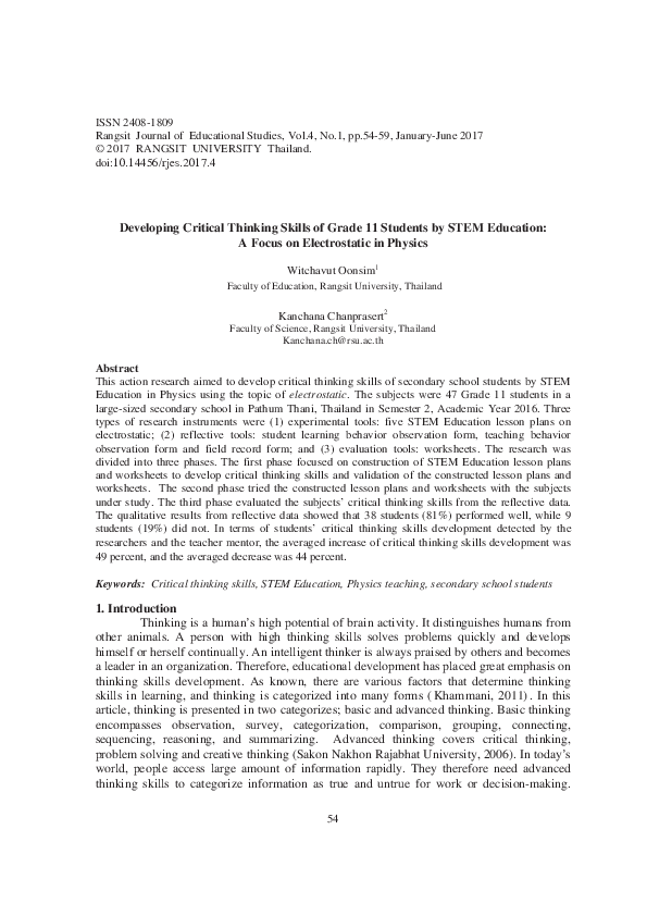 (PDF) Developing Critical Thinking Skills of Grade 11 Students by STEM Education: A Focus on ...