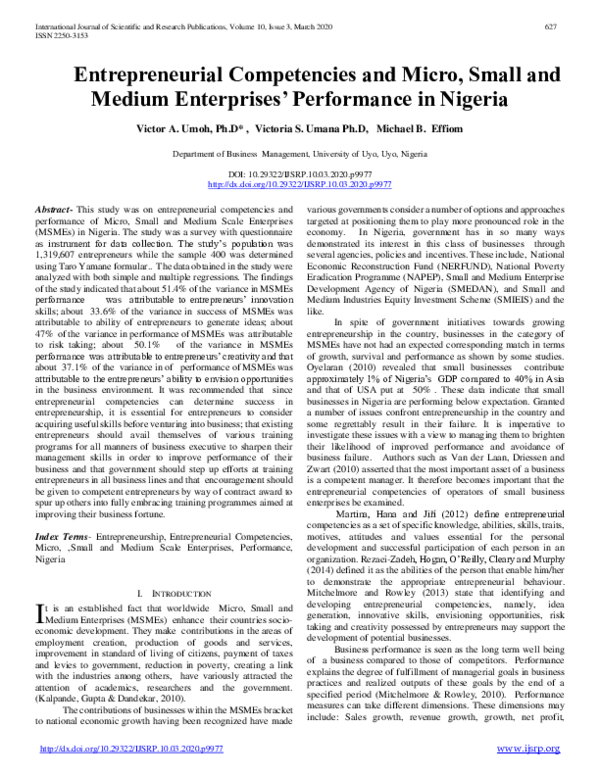 (PDF) Entrepreneurial Competencies and Micro, Small and Medium Enterprises’ Performance in Nigeria