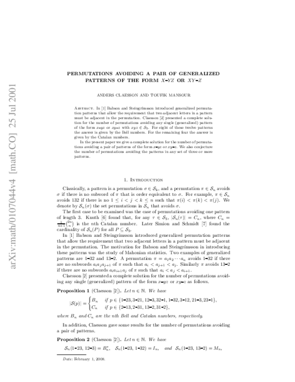 (PDF) Permutations Avoiding a Pair of Generalized Patterns of the Form X Yz or Xy Z