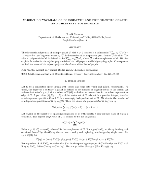 (PDF) Adjoint polynomials of bridge–path and bridge–cycle graphs and ...