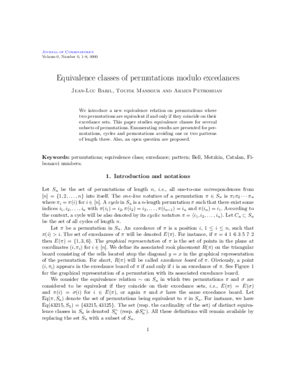 (PDF) Equivalence classes of permutations modulo excedances