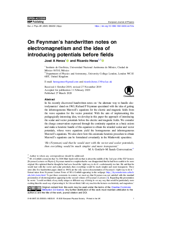 (PDF) On Feynman’s handwritten notes on electromagnetism and the idea ...