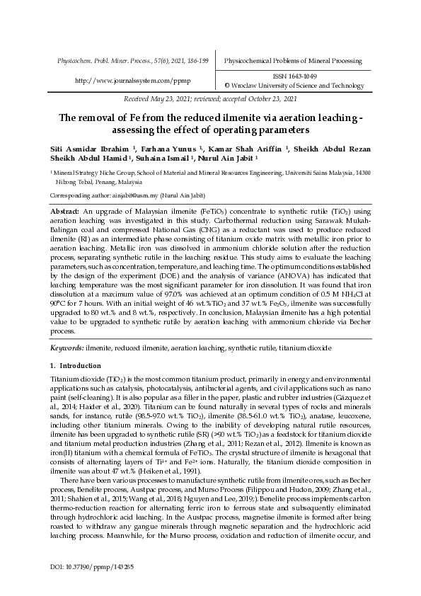 (PDF) The removal of Fe from the reduced ilmenite via aeration leaching; assessing the effect of ...