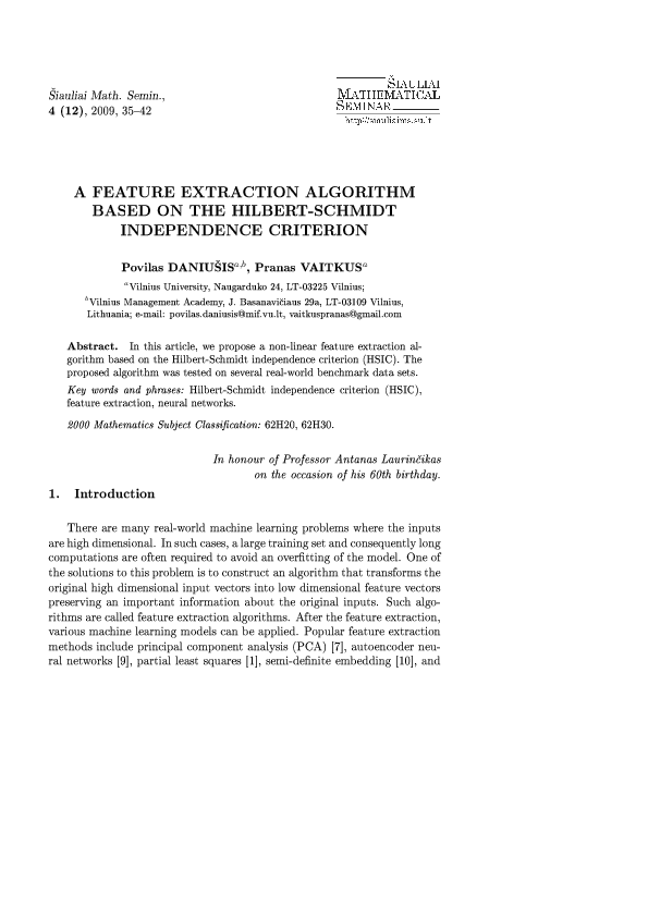 (PDF) A Feature Extraction Algorithm Based on the Hilbert-Schmidt Independence Criterion