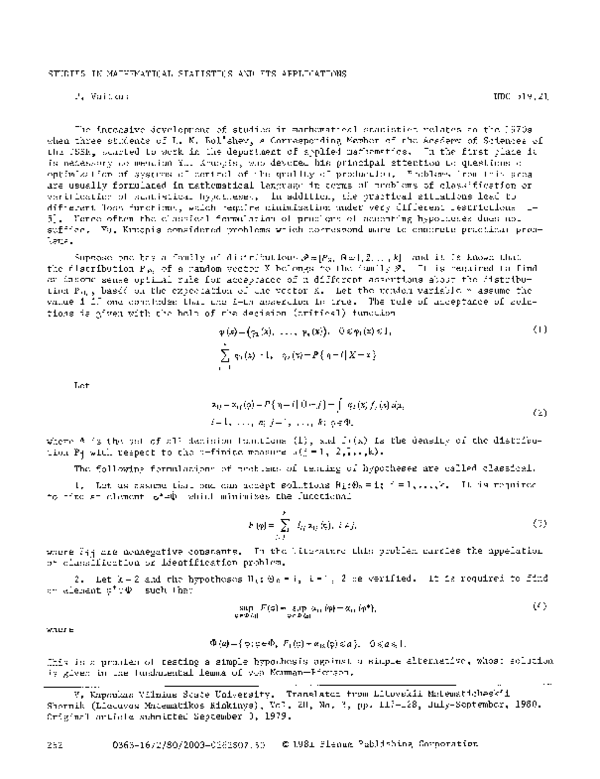 (PDF) Studies in mathematical statistics and its applications
