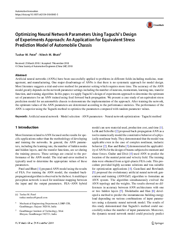Pdf Optimizing Neural Network Parameters Using Taguchis Design Of