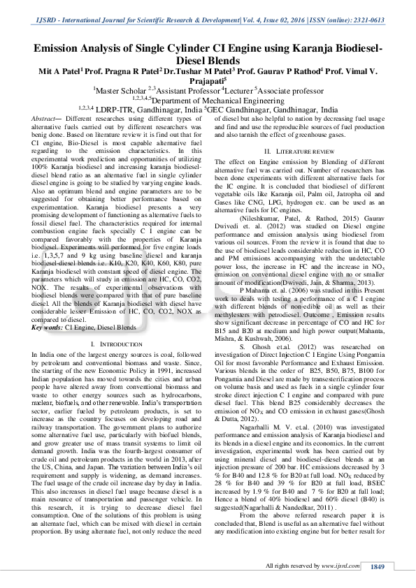 (PDF) Emission Analysis of Single Cylinder CI Engine using Karanja ...