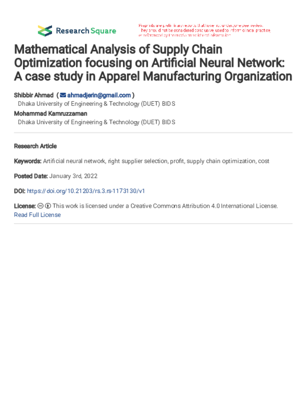 (PDF) Mathematical Analysis of Supply Chain Optimization focusing on Artificial Neural Network ...
